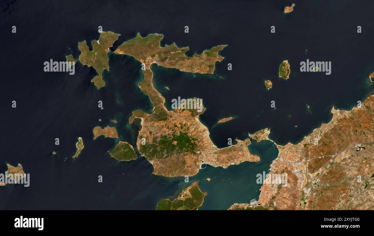 Cunda Adas in the Aegean Sea on a satellite image taken in June 20 ...