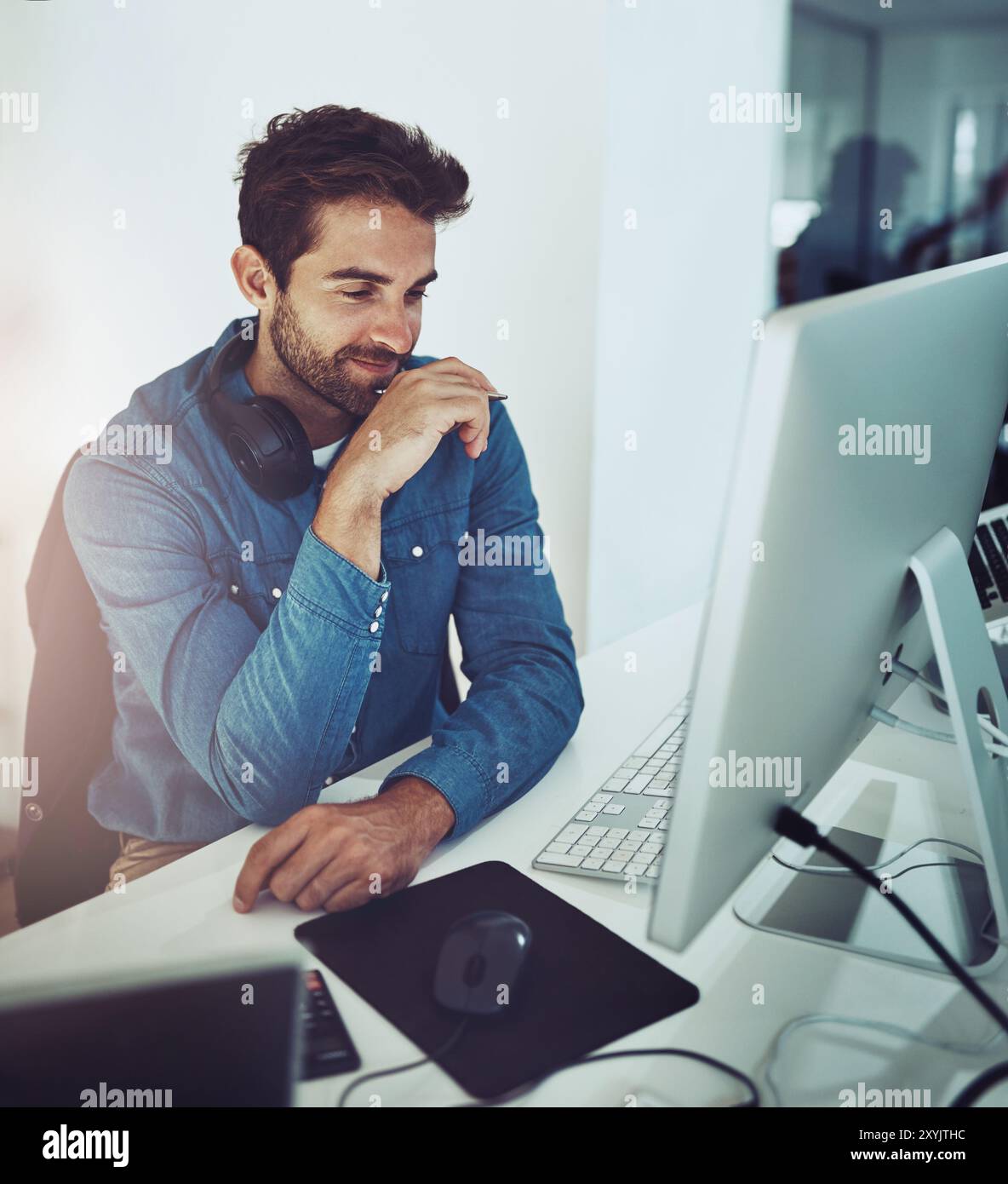 Thinking, computer and business man planning for decision, inspiration ...