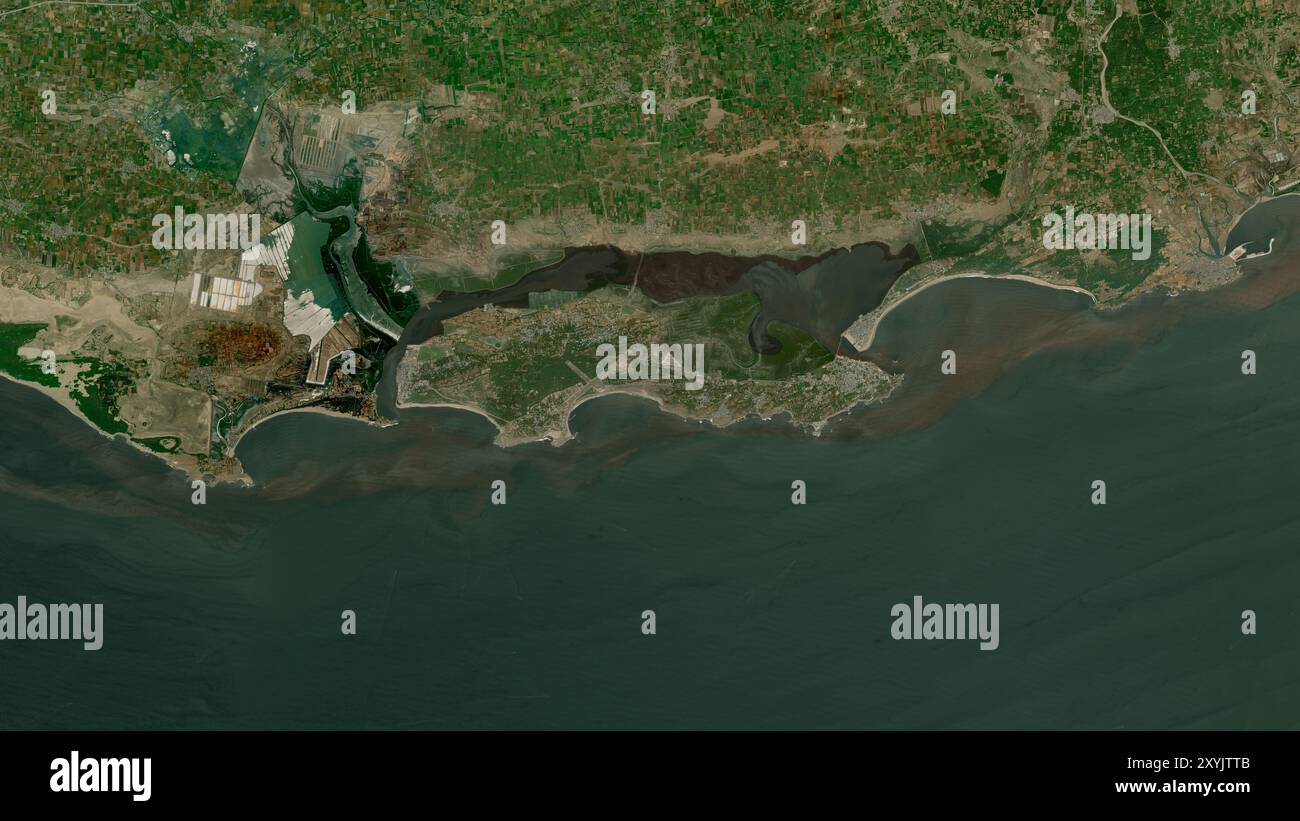 Diu Island in the Arabian Sea on a satellite image taken in March 10 ...