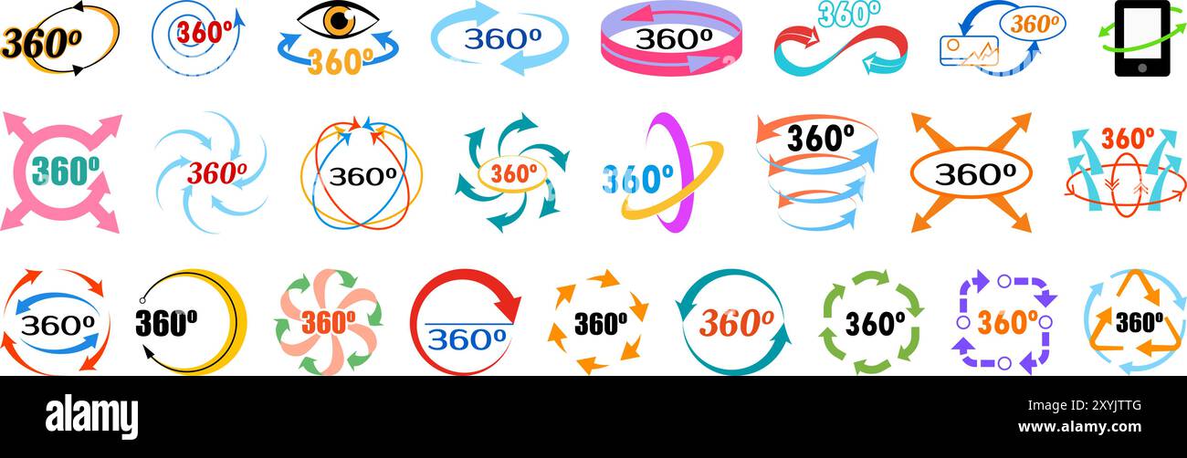 360 degrees icons set. Collection of various colorful arrows rotating ...