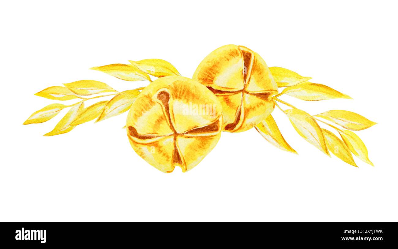 Golden metal round Jingle bell, branch with foliage. Hand drawn ...
