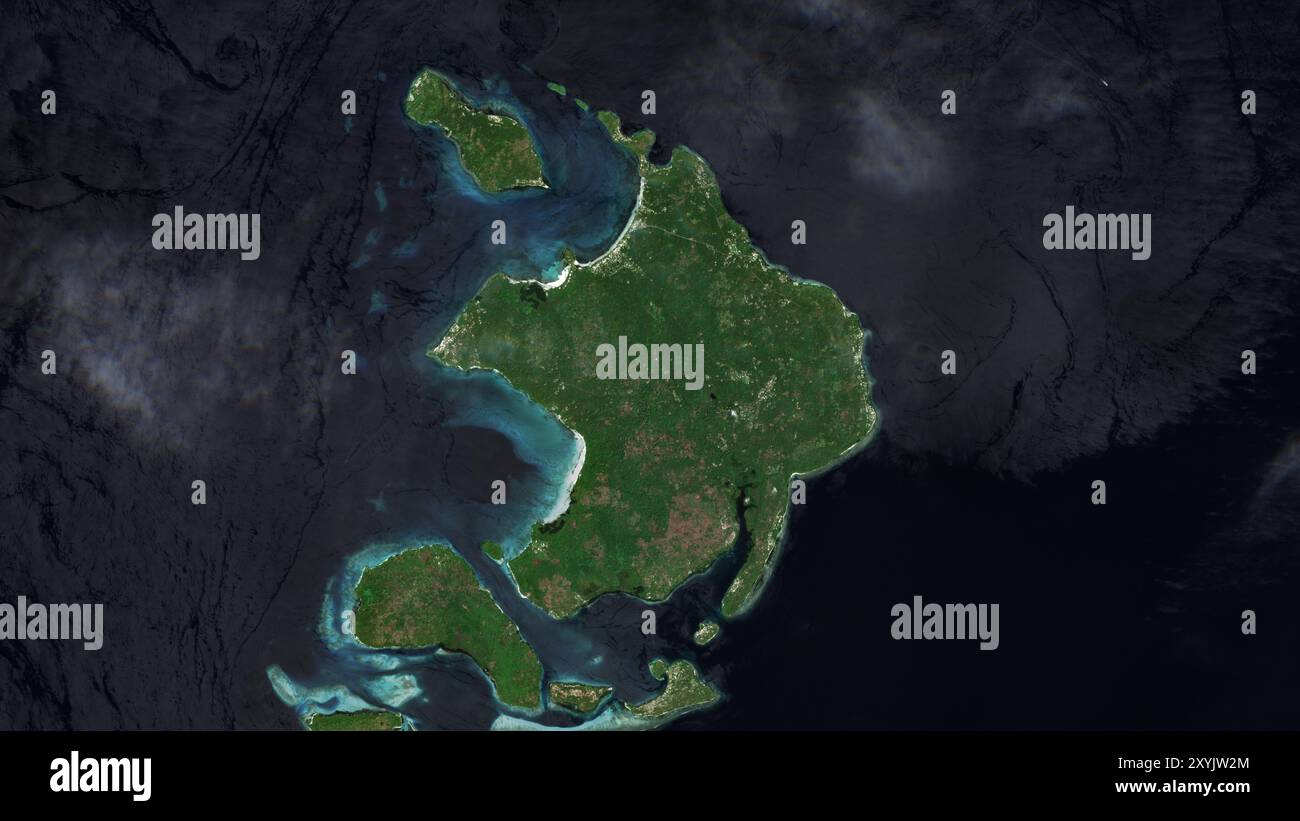 Duke of York Island in the Bismarck Sea on a satellite image taken in November 21, 2022 Stock ...