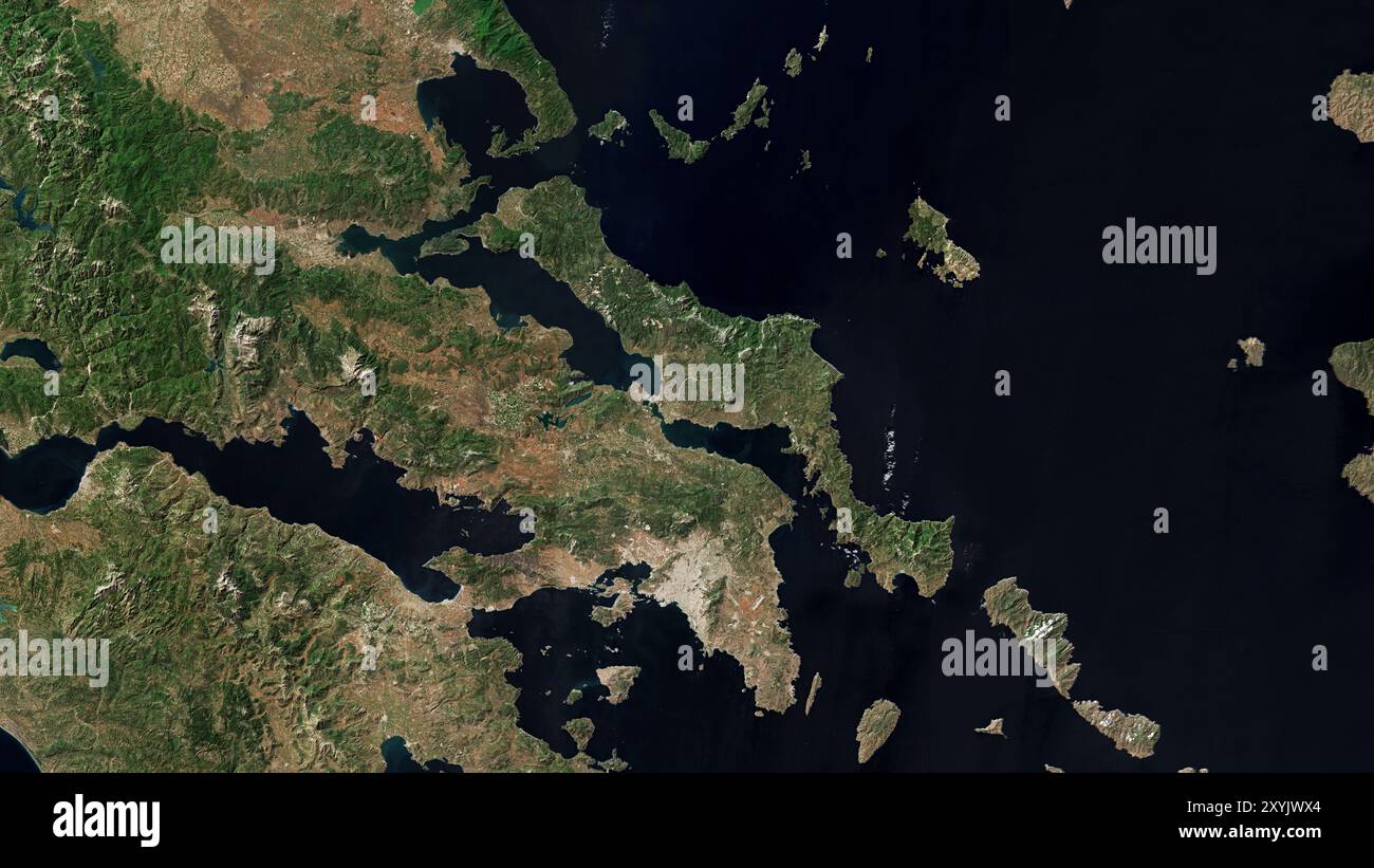 Euboea Island in the Aegean Sea on a satellite image taken in May 7 ...