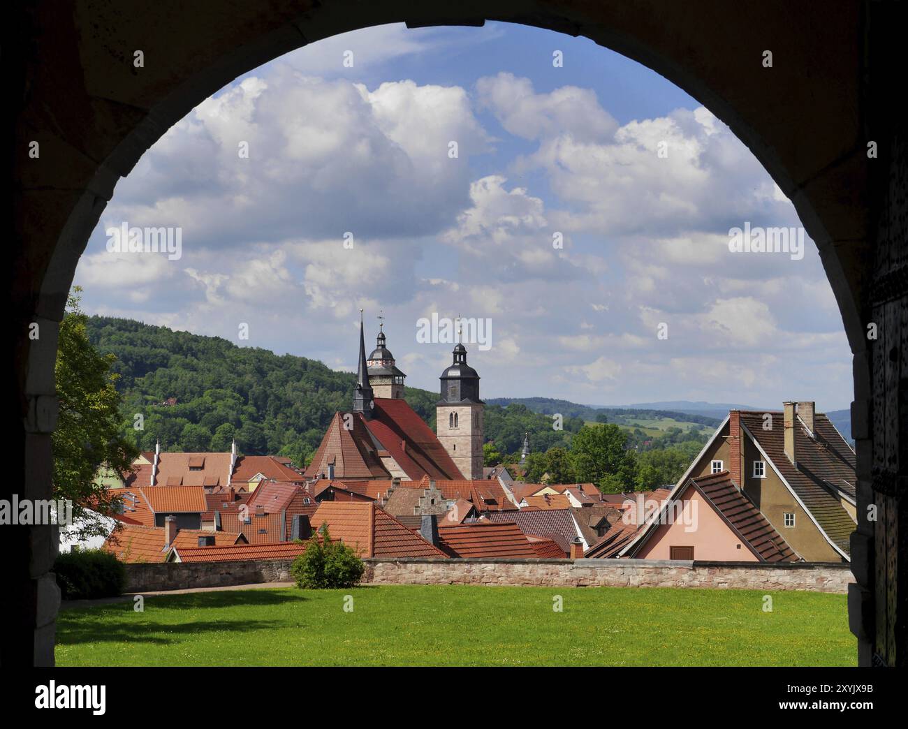 Village, town, church, houses, roofs, view, building, Thuringia ...