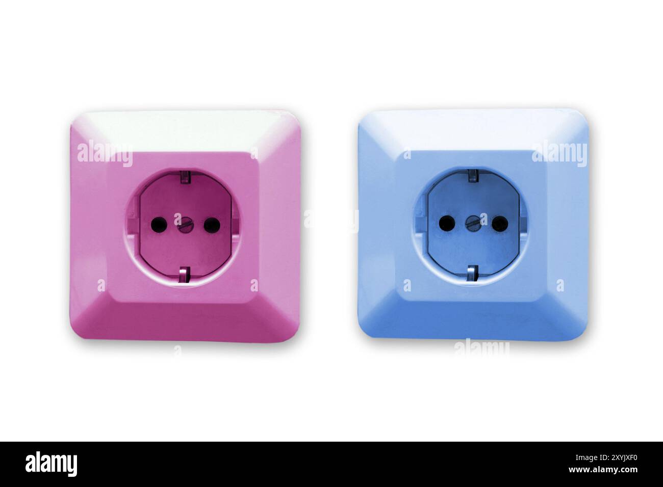 Pink and blue electric sockets on white background Stock Photo - Alamy