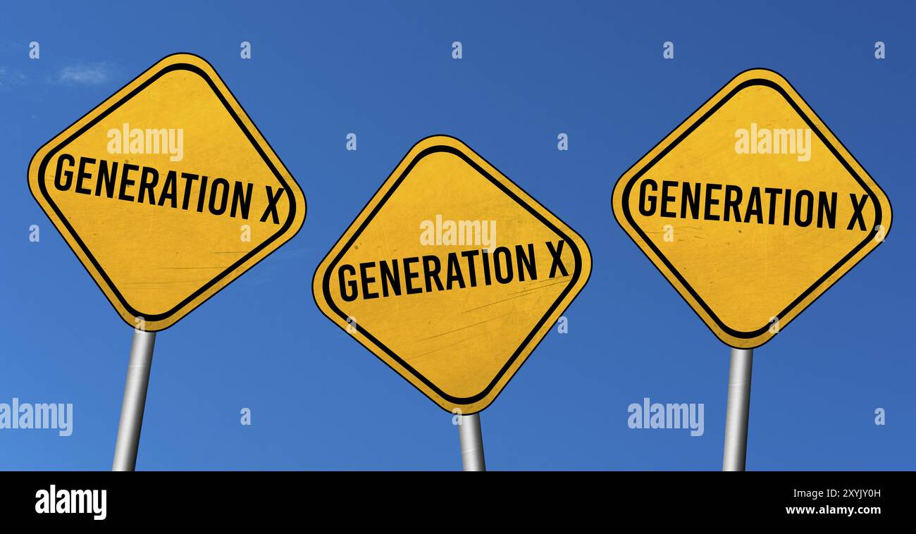 Generation X, yellow signs with blue sky Stock Photo - Alamy