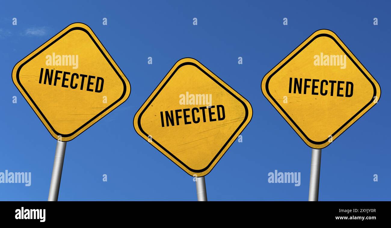 Infected, yellow signs with blue sky Stock Photo - Alamy