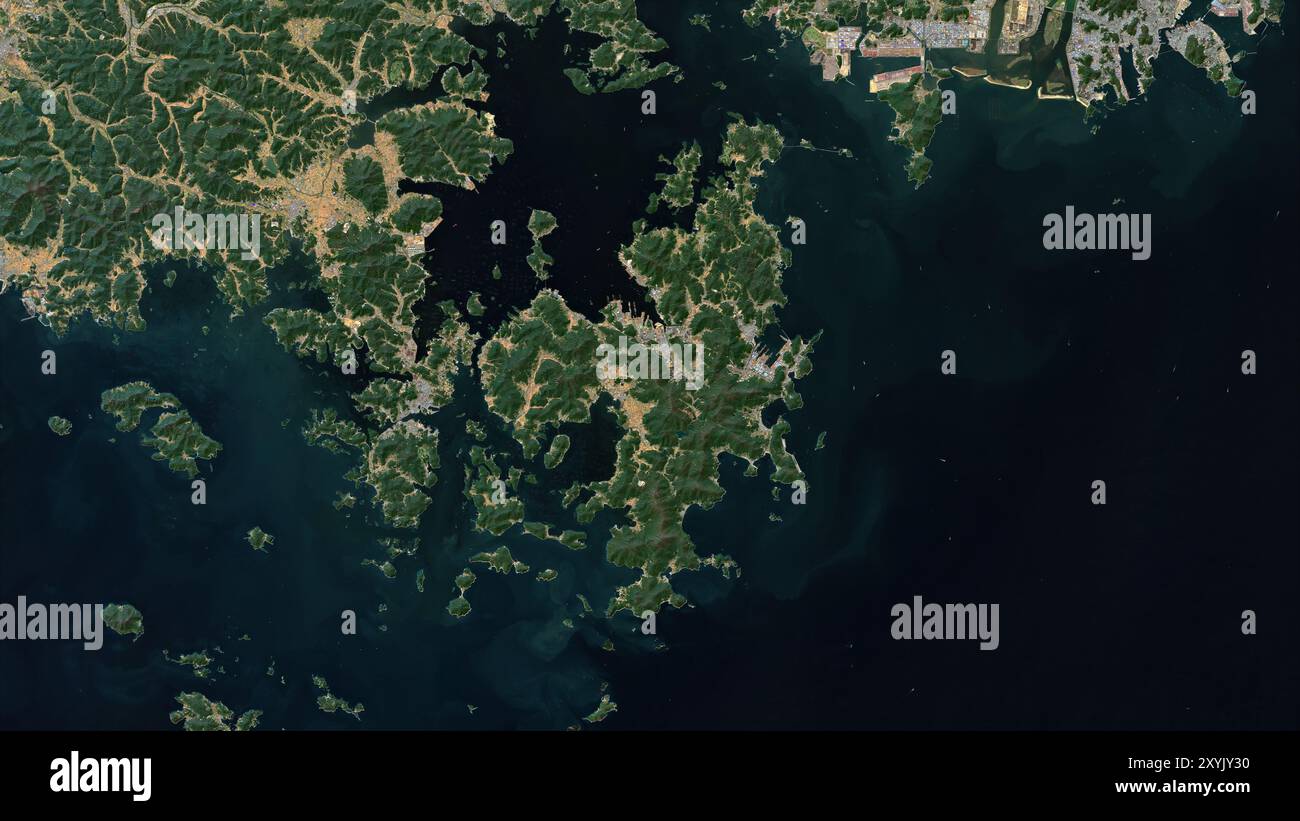 Geojedo Island in the Japan Sea on a satellite image taken in October ...