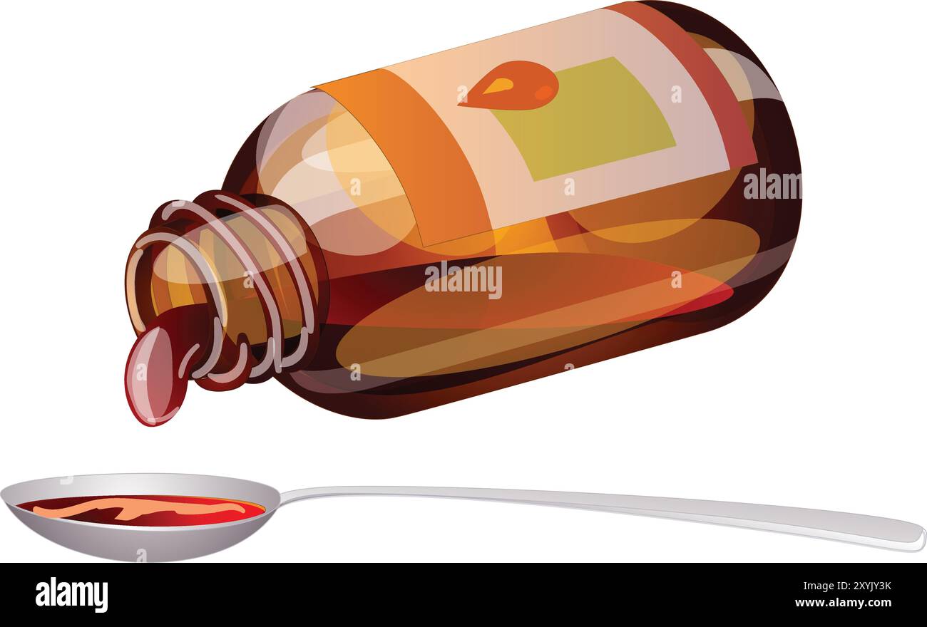 Brown medical bottle pouring syrup into a metal spoon Stock Vector ...