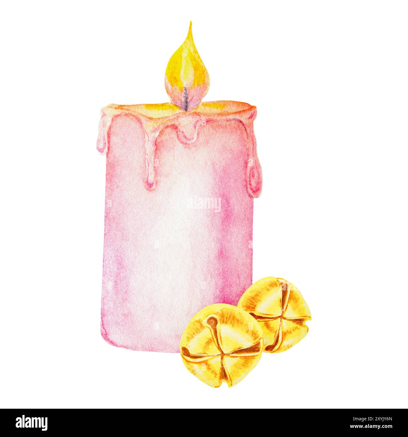Pink burning wax candle and golden metal Jingle bell. Cut out, isolated ...