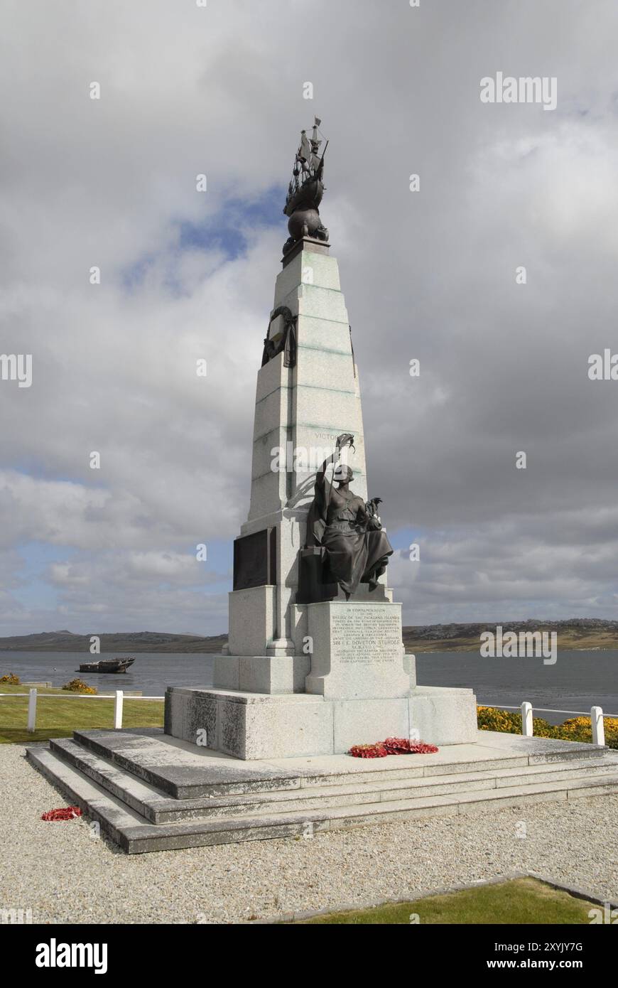 1914 Battle of the Falkland Islands Memorial with the wreck of the ...