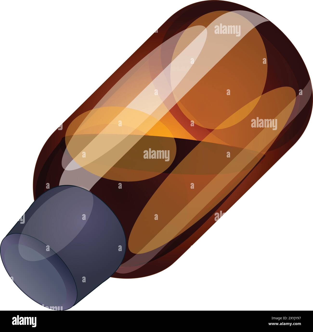 Brown glass syrup bottle lying with blue cap, isolated on white ...