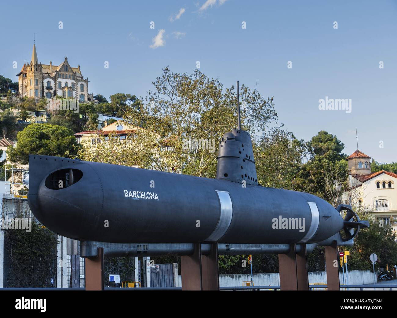 A small submarine displayed on supports in Barcelona, Spain, Europe ...