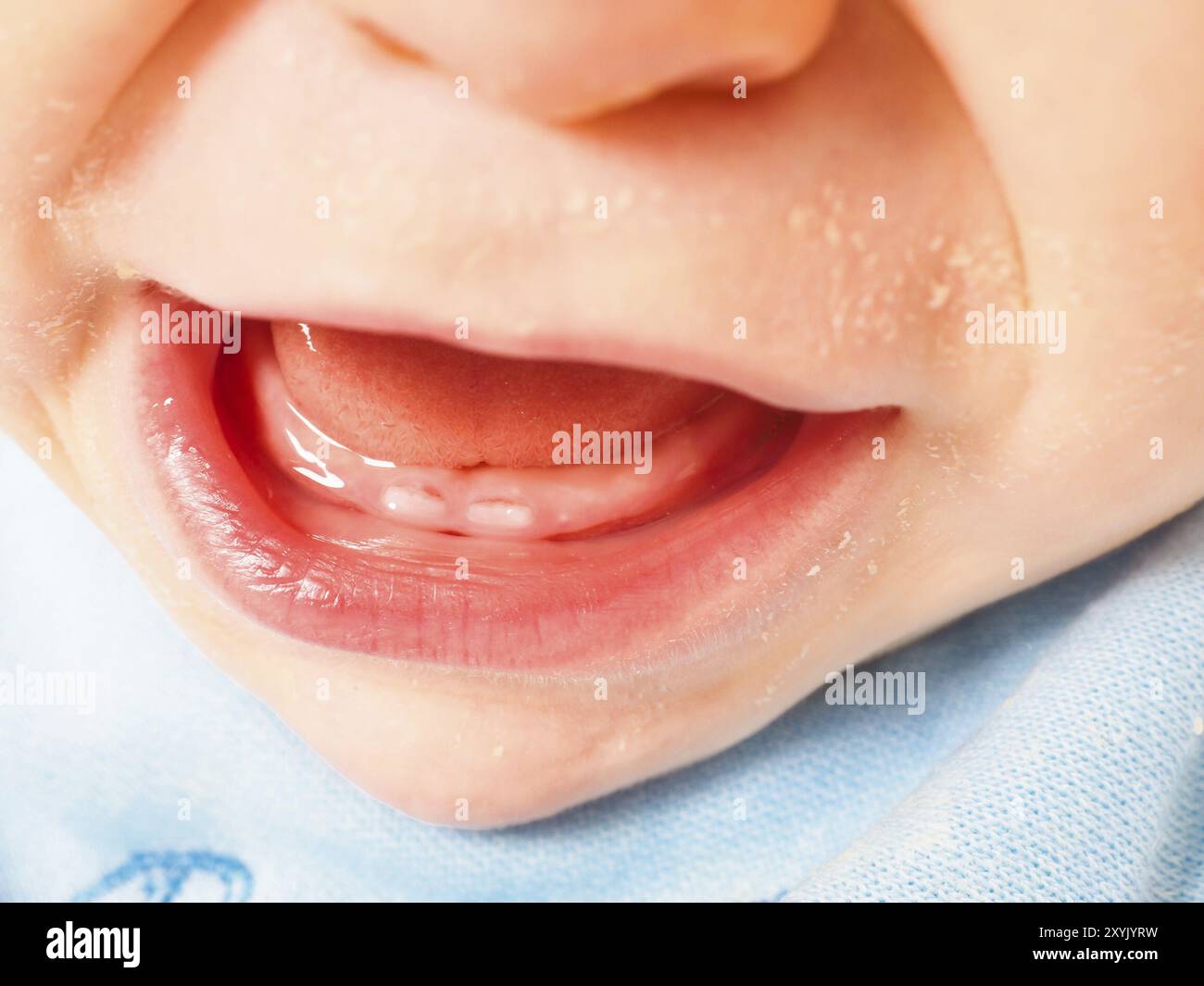 Baby boy showing first teeth with mouth wide open Stock Photo - Alamy