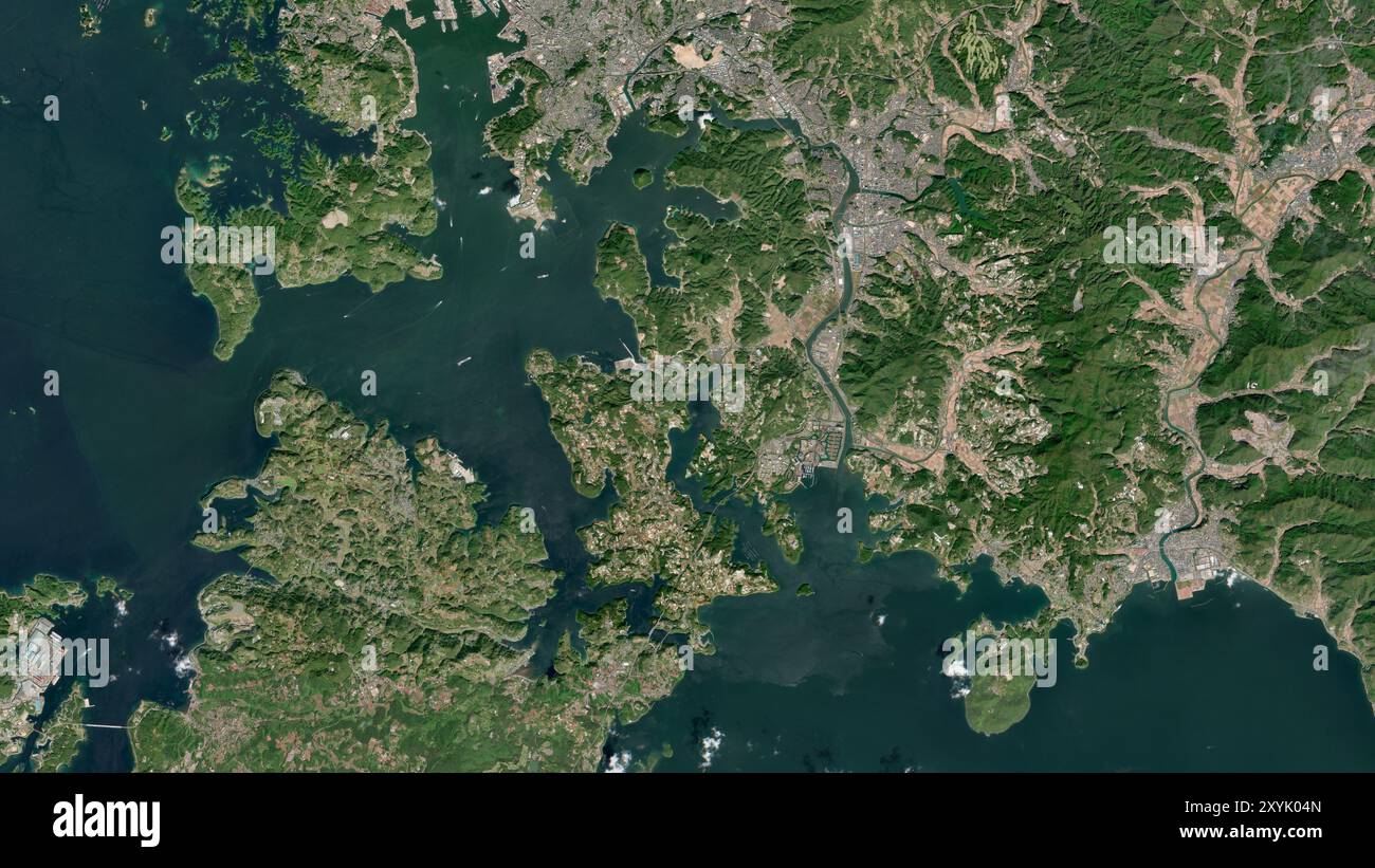 Hario Island in the Japan Sea on a satellite image taken in May 1, 2023 ...