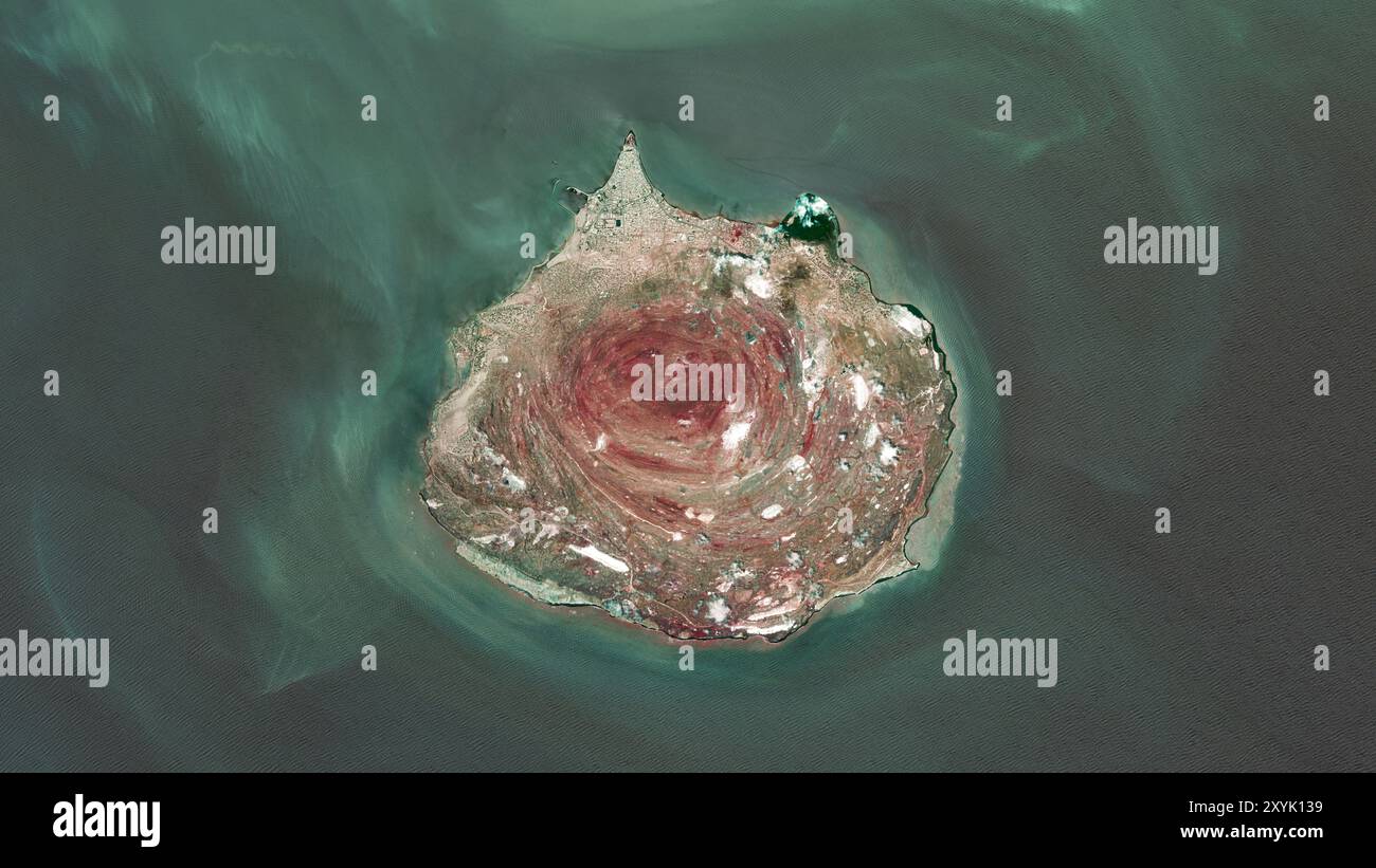 Hormuz Island in the Persian Gulf on a satellite image taken in June 3 ...