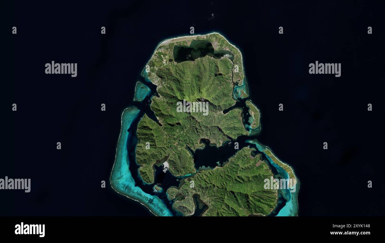 Huahine Nui Island in the South Pacific Ocean on a satellite image ...