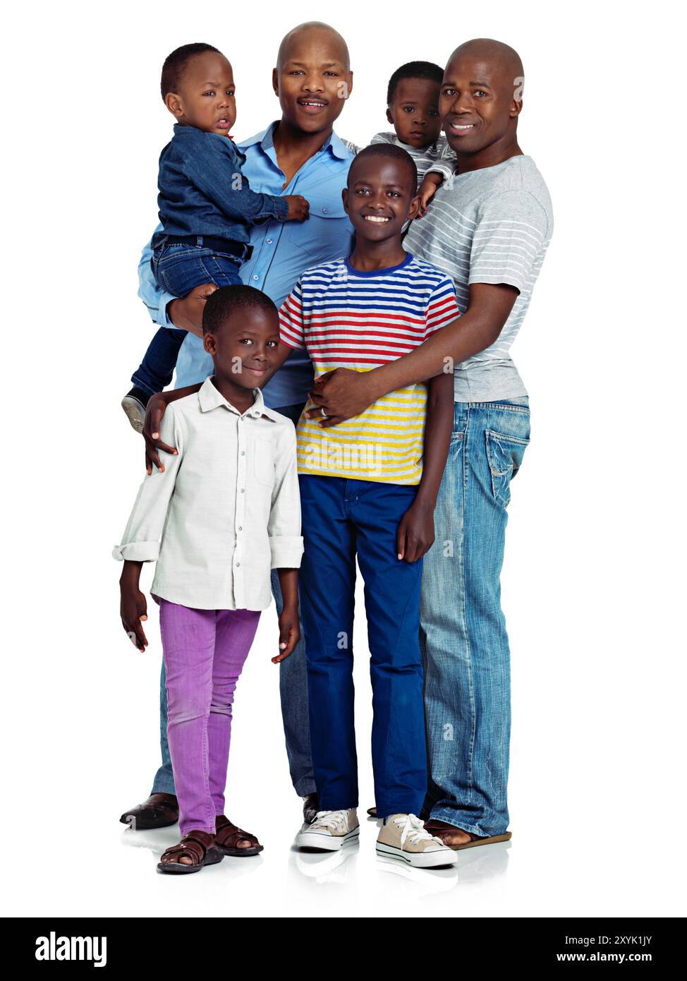 Black family, happy and portrait in studio with kids, support and pride ...