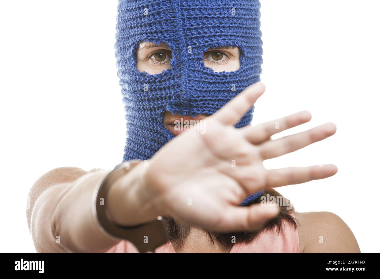Russian protest movement concept, woman wearing balaclava or mask on ...