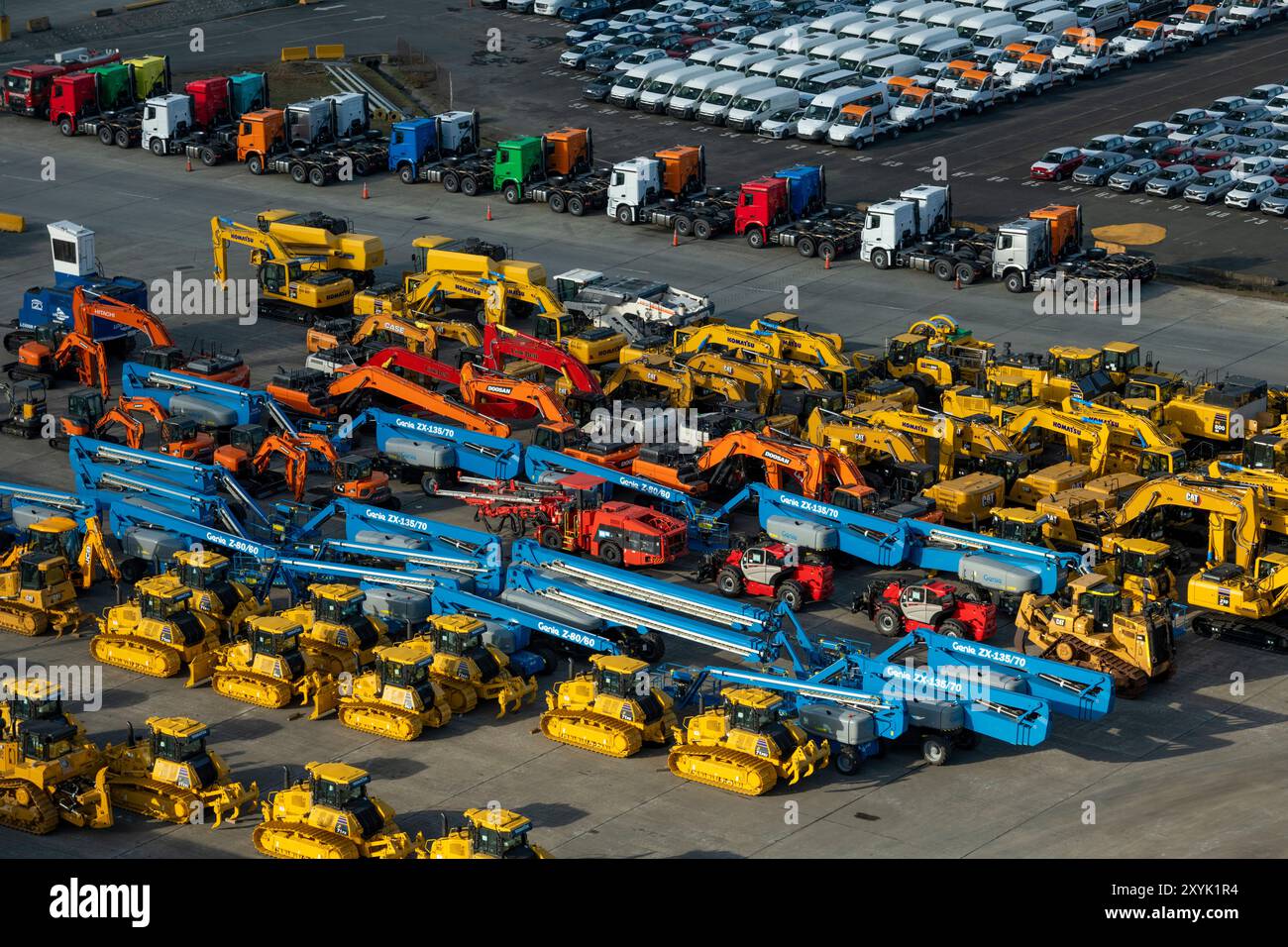 Aerial top view of new cars from port station, transportation to ...
