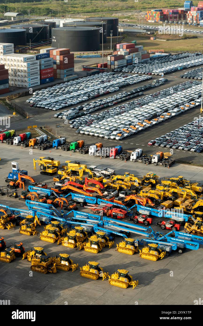 Aerial top view of new cars from port station, transportation to ...