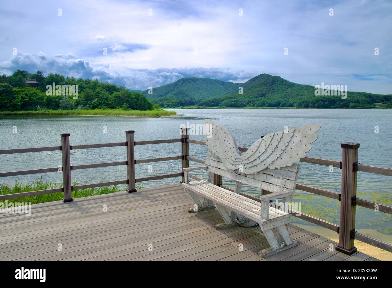 Goseong, Korea, Songji Lake, bench, winged bench, wooden deck, lake ...