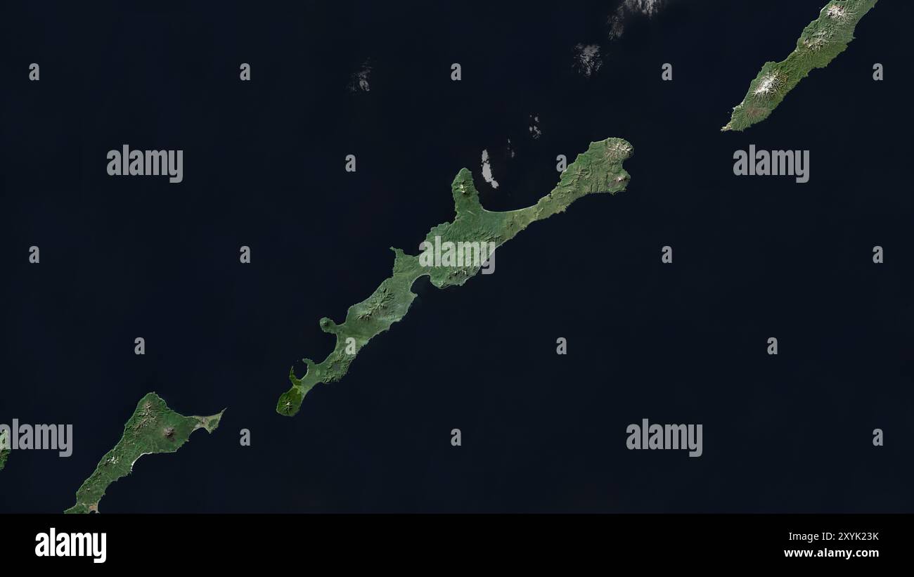 Iturup Island in the Sea of Okhotsk on a satellite image taken in July ...