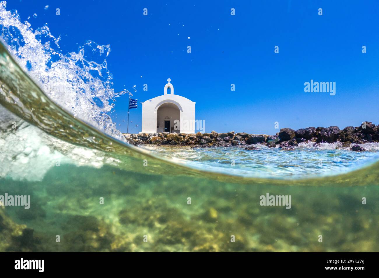 Small white church Saint Nikolaos in the sea, Georgioupoli, Crete ...