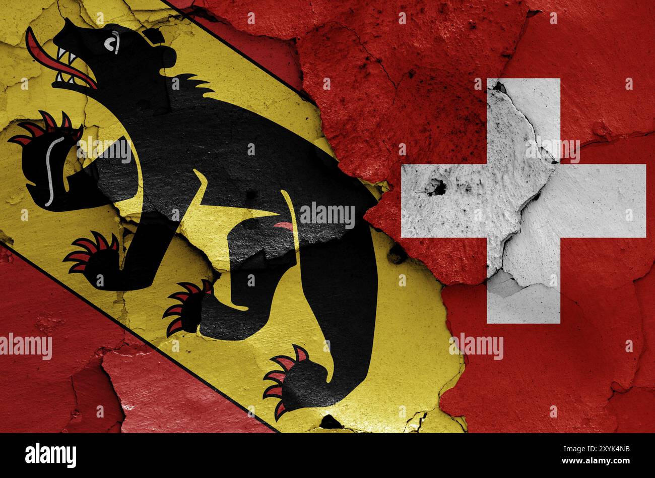 Flags of Bern canton and Switzerland painted on cracked wall Stock ...