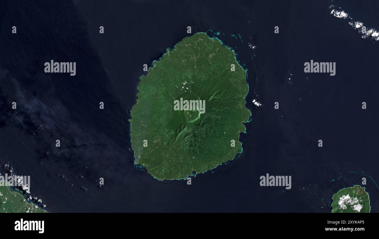 Karkar Island in the Bismarck Sea on a satellite image taken in September 12, 2019 Stock Photo ...