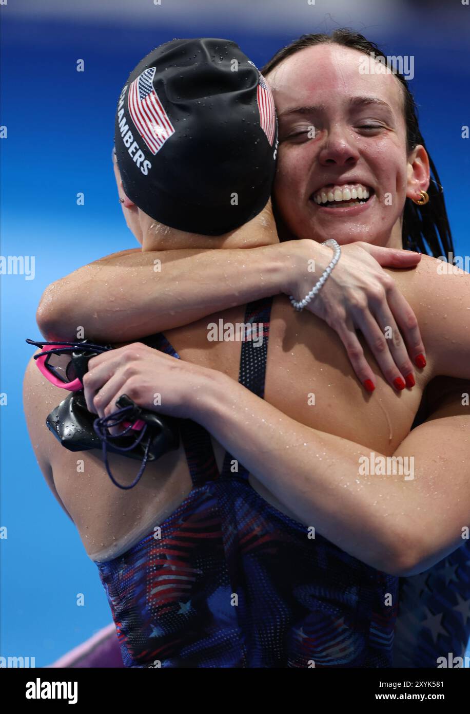 Paris, France. August 29th 2024. (R) Grace Nuhfer of Team USA hugs her teammate Olivia Chambers ...
