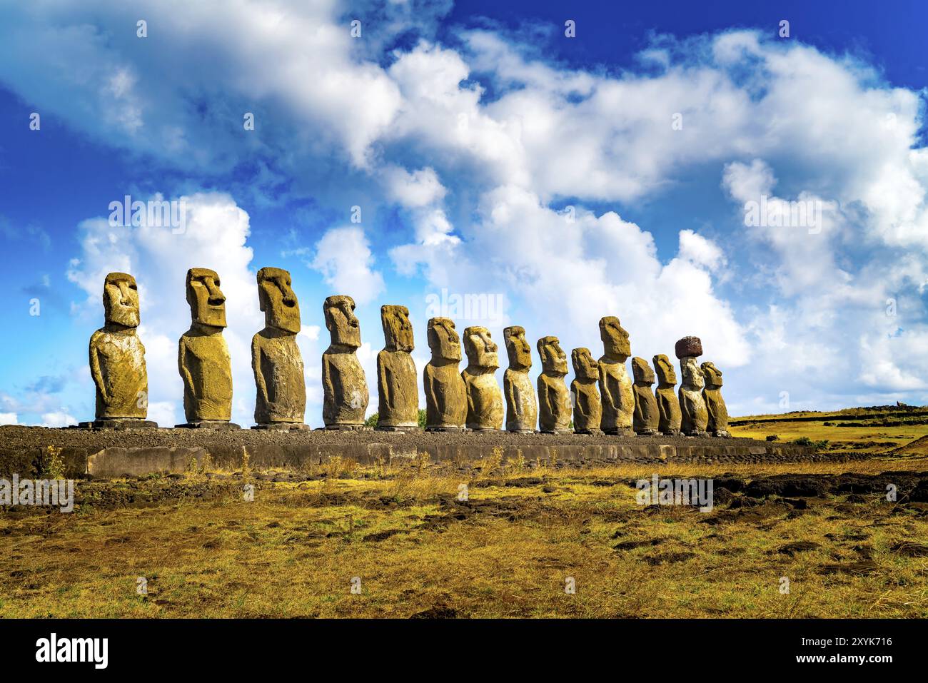 The 15 Moais at Ahu Tongariki in Rapa Nui National Park on Easter ...