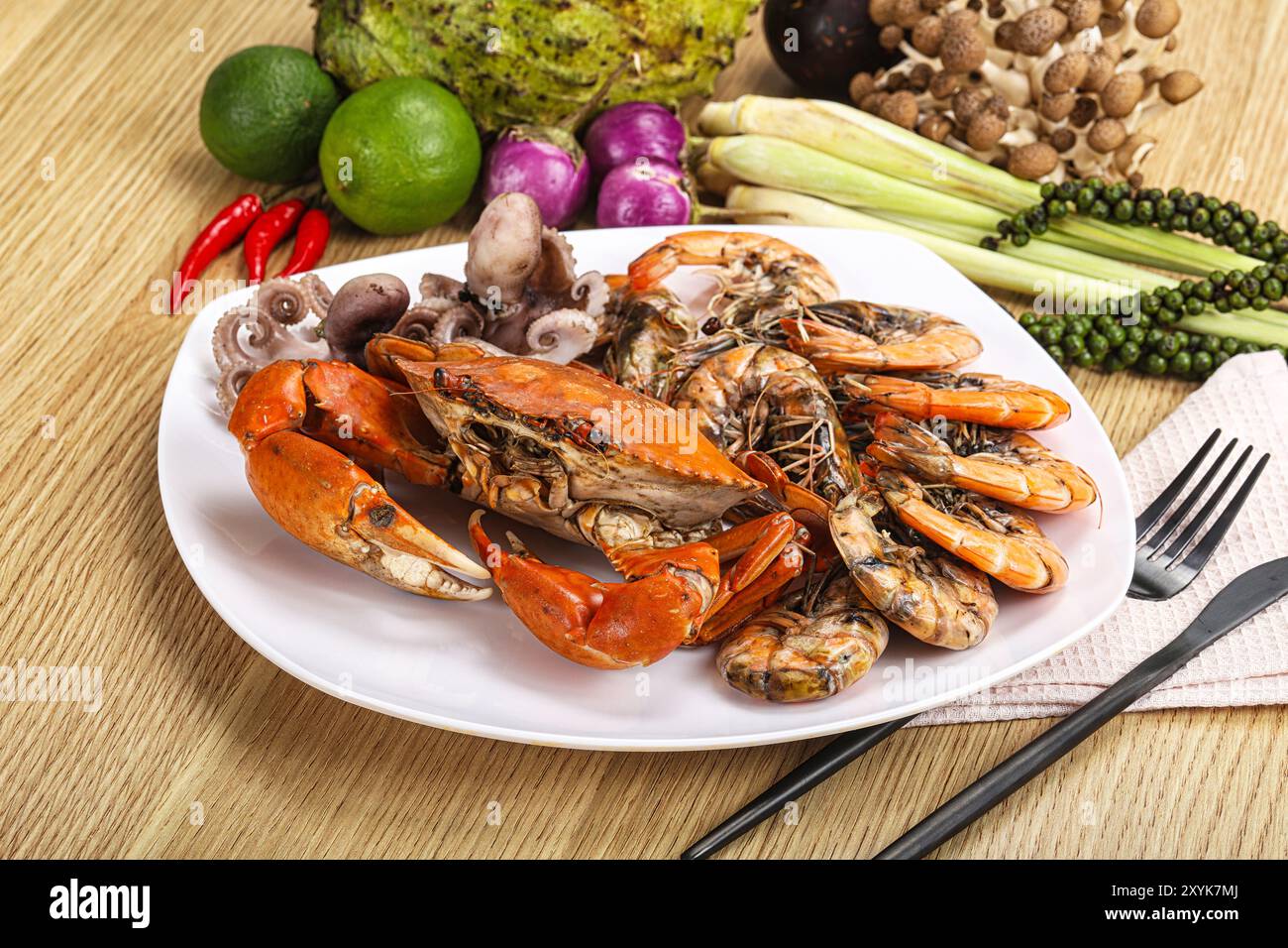 Luxury seafood mix - crab, tiger prawn, octopus Stock Photo - Alamy