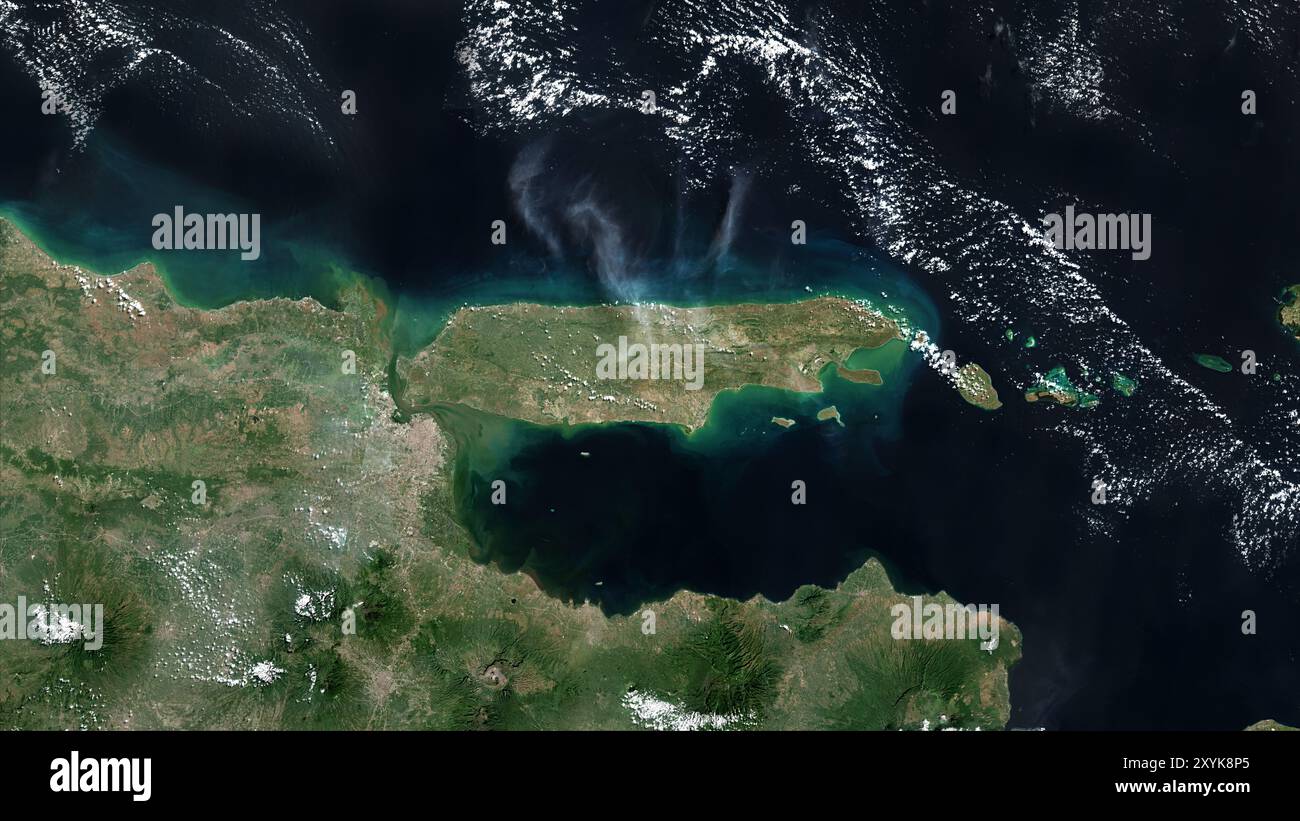 Madura Island in the Java Sea on a satellite image taken in May 8, 2018 ...