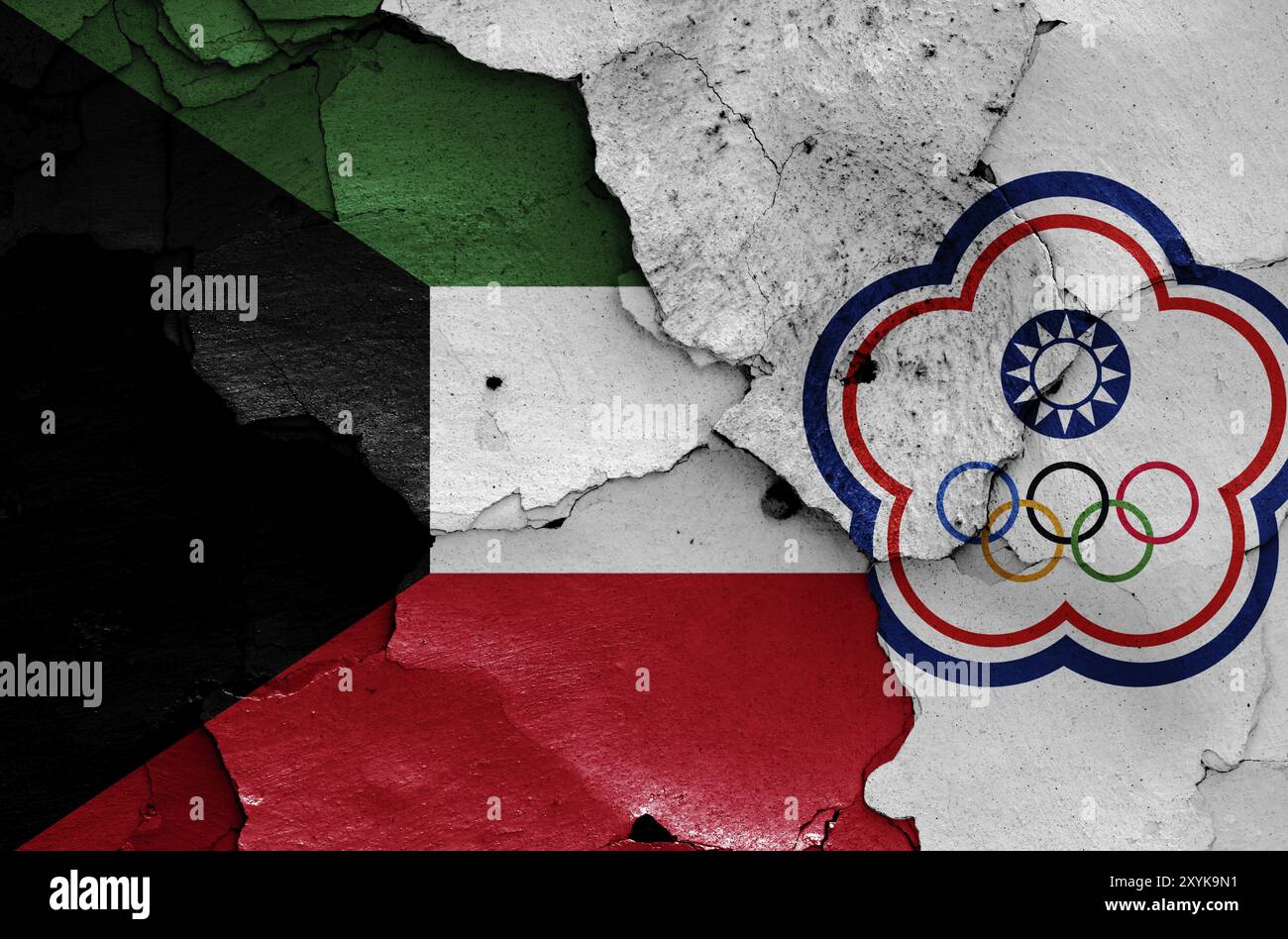 Flags of Kuwait and Chinese Taipei painted on cracked wall Stock Photo ...