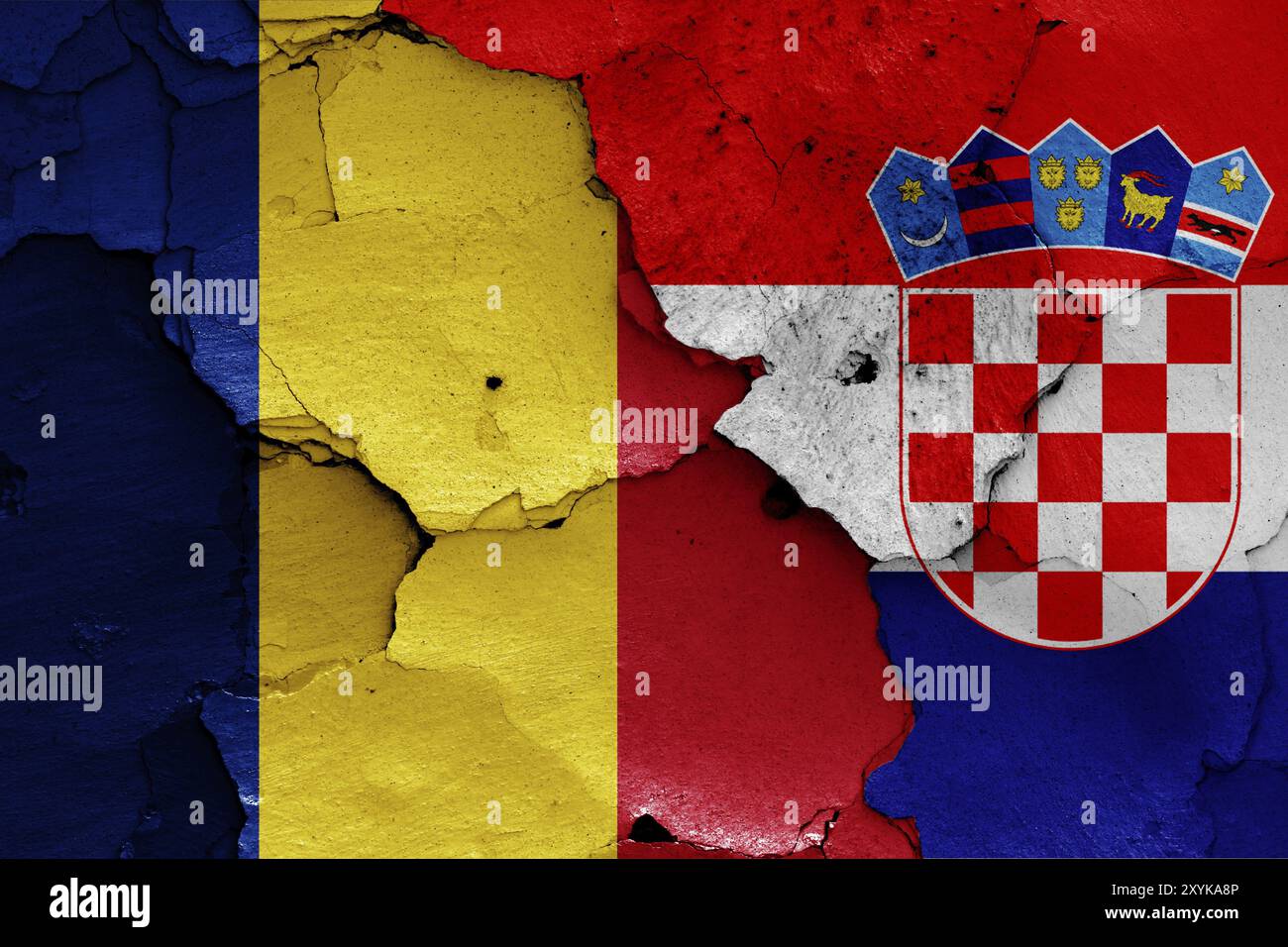 Flags of Romania and Croatia painted on cracked wall Stock Photo - Alamy