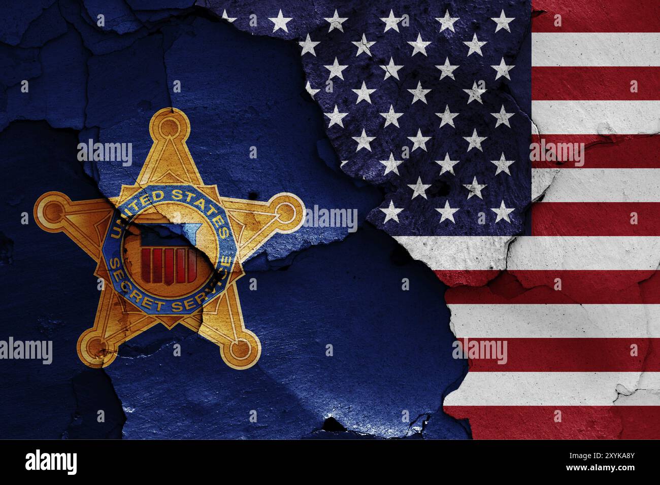 Flags of United States Secret Service and USA painted on cracked wall ...