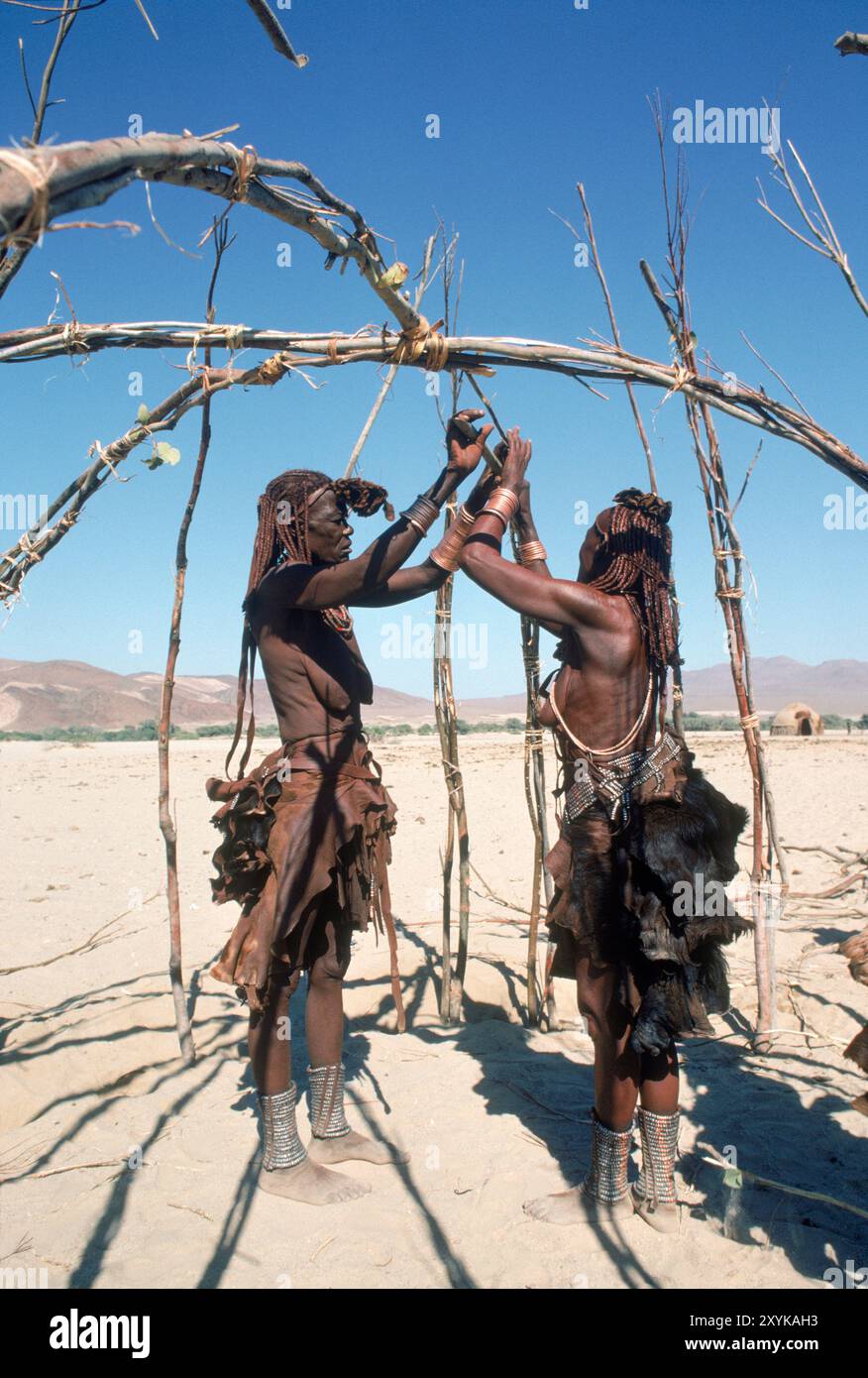 Women lashing poles together to make a hut, Namibia Stock Photo - Alamy