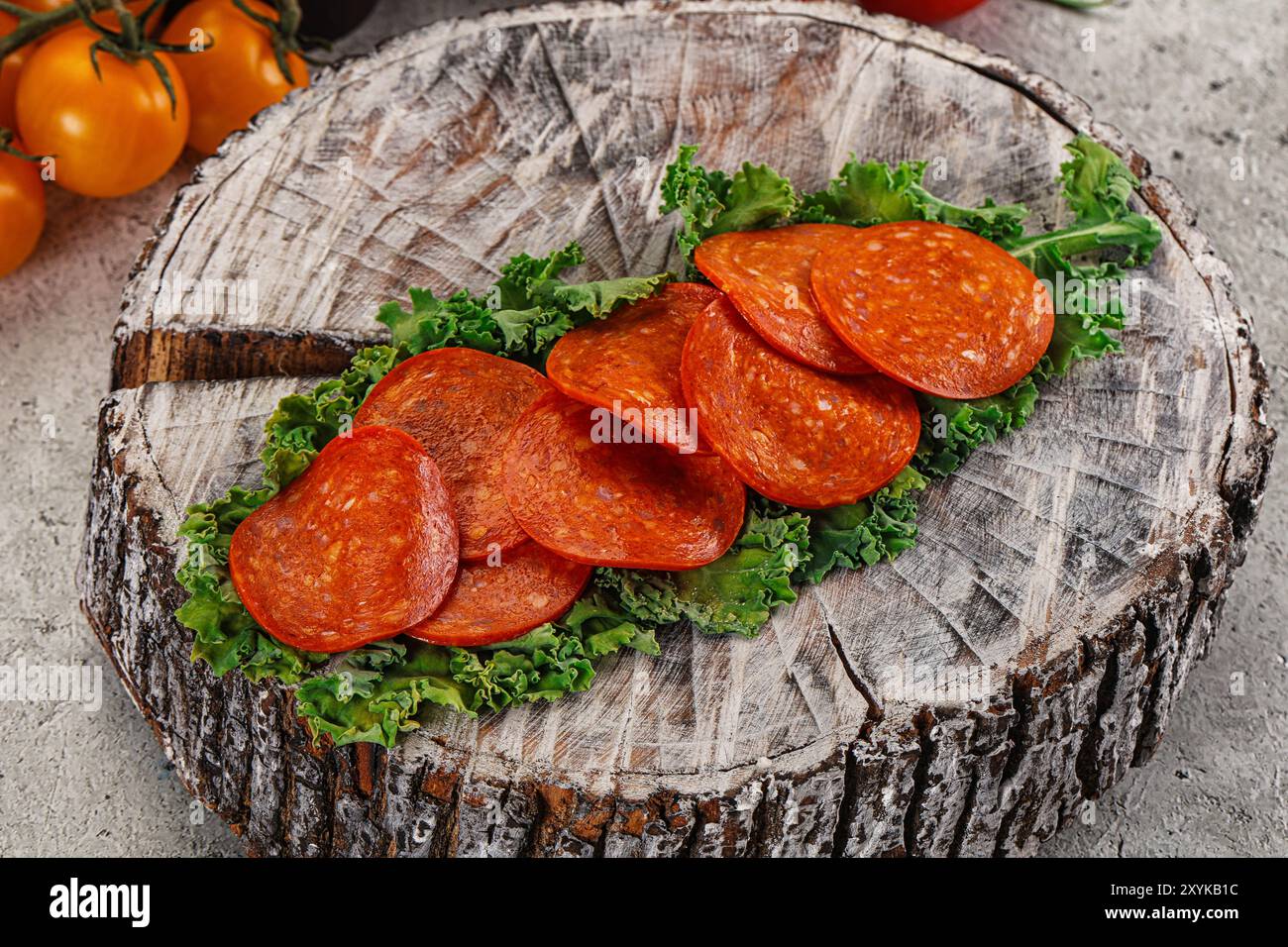 Spanish salami cured chorizo sausage slices Stock Photo - Alamy