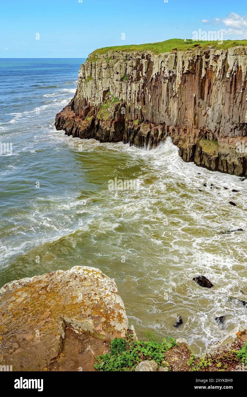 Stone cliff covered with moss and vegetation on the sea and waves Stock ...