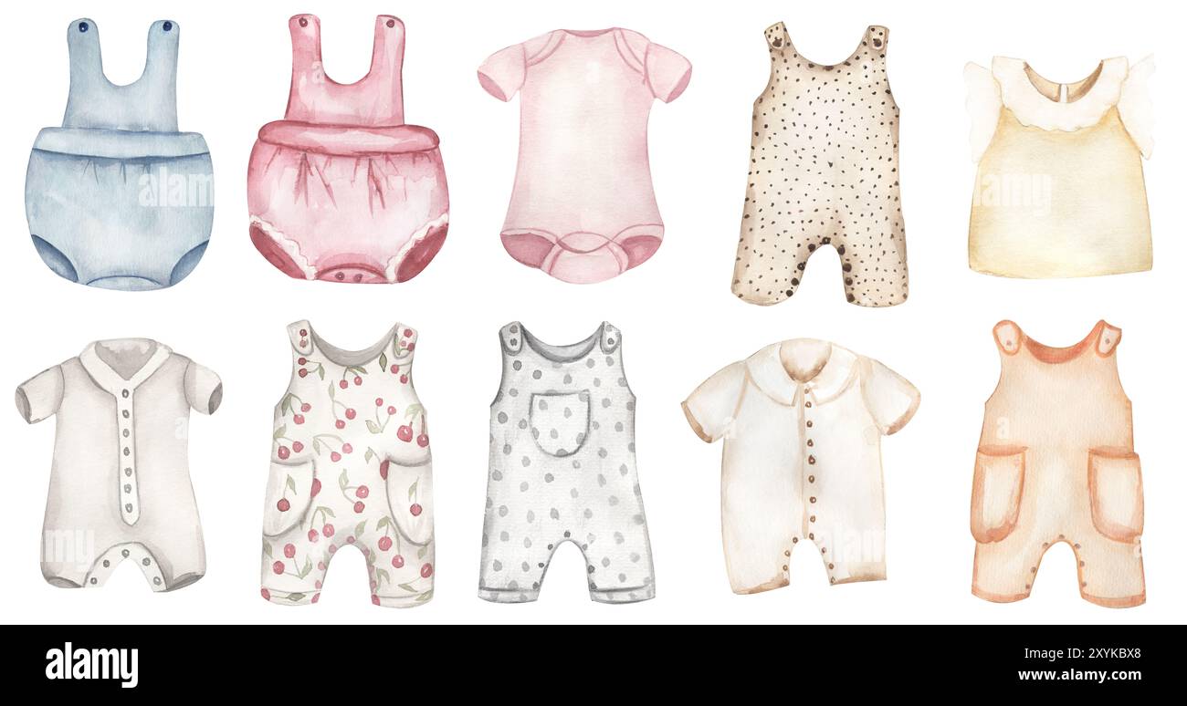 Watercolor cute kids clothes illustration set, hand drawn baby pinafore ...