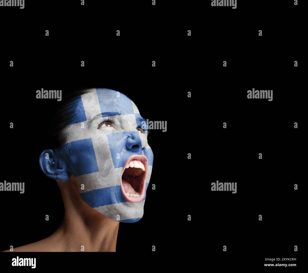 The Greek flag on the face of a screaming woman. concept Stock Photo ...