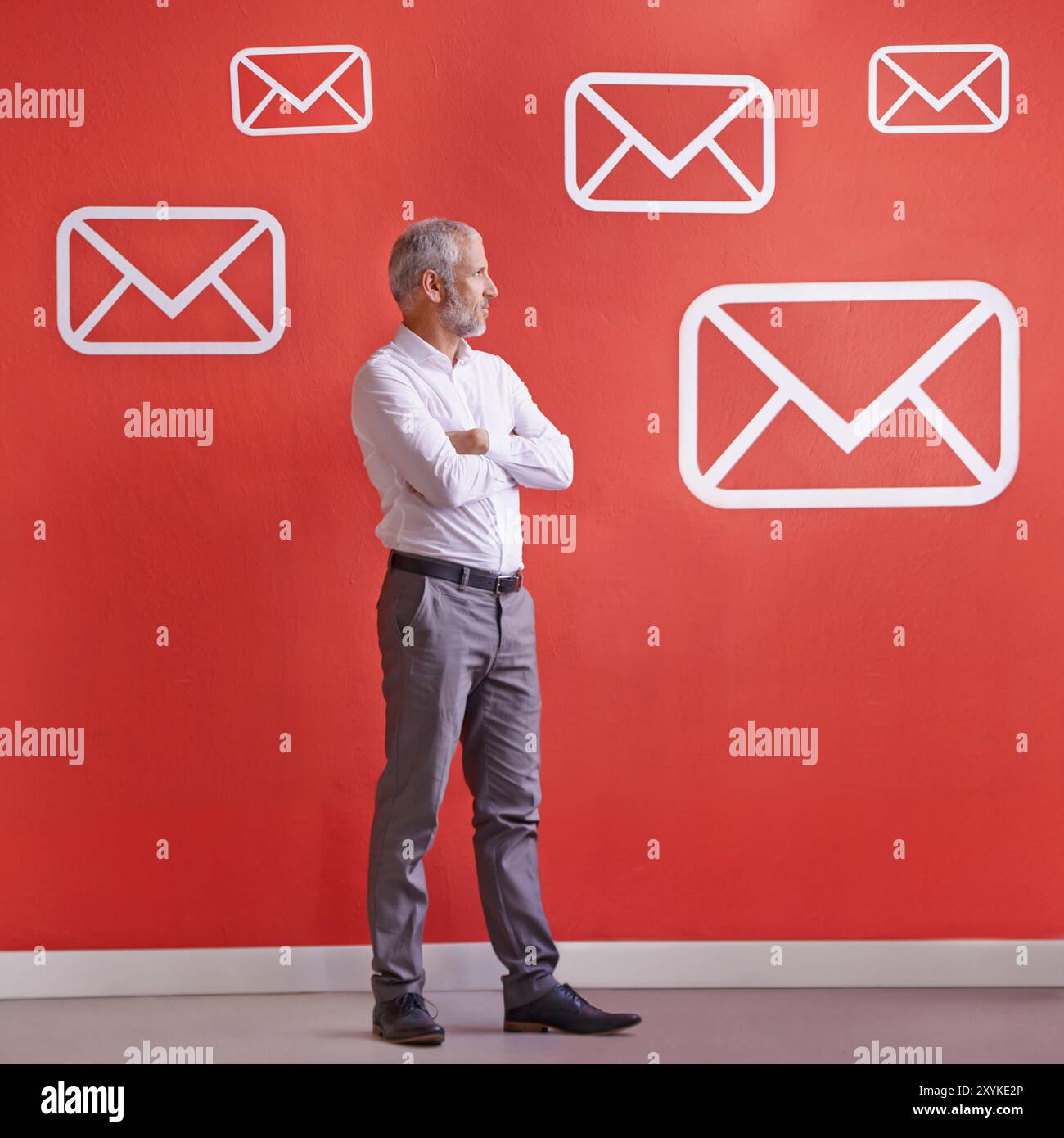 Business man, vision and email icon in office for communication ...