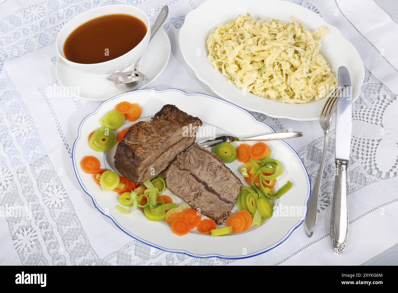 Swabian cuisine, roast beef, roast ox, herb spaetzle, meat dish, gravy ...