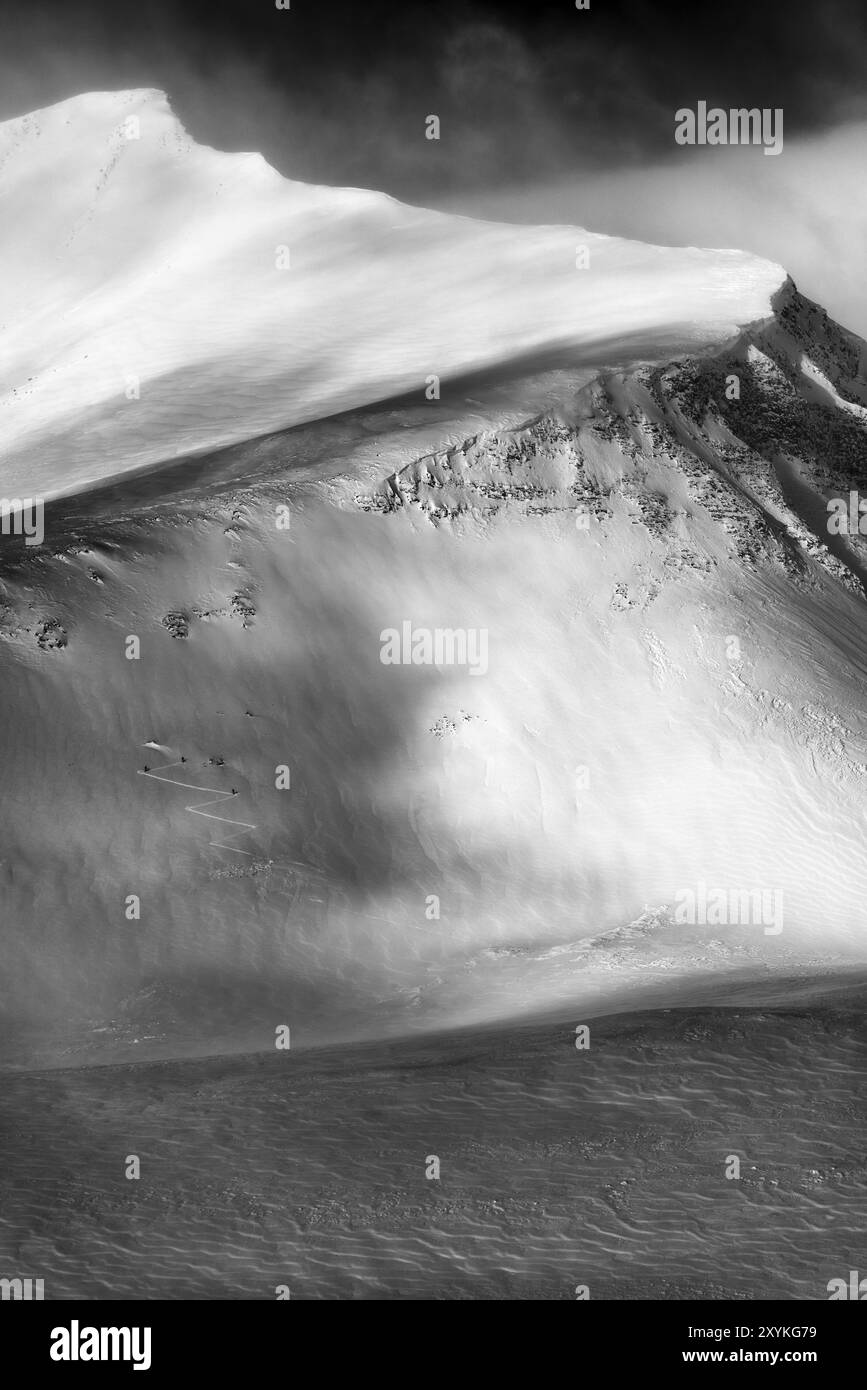 Three ski tourers ascending the Tjaektjatjokka mountain in the Stuor ...