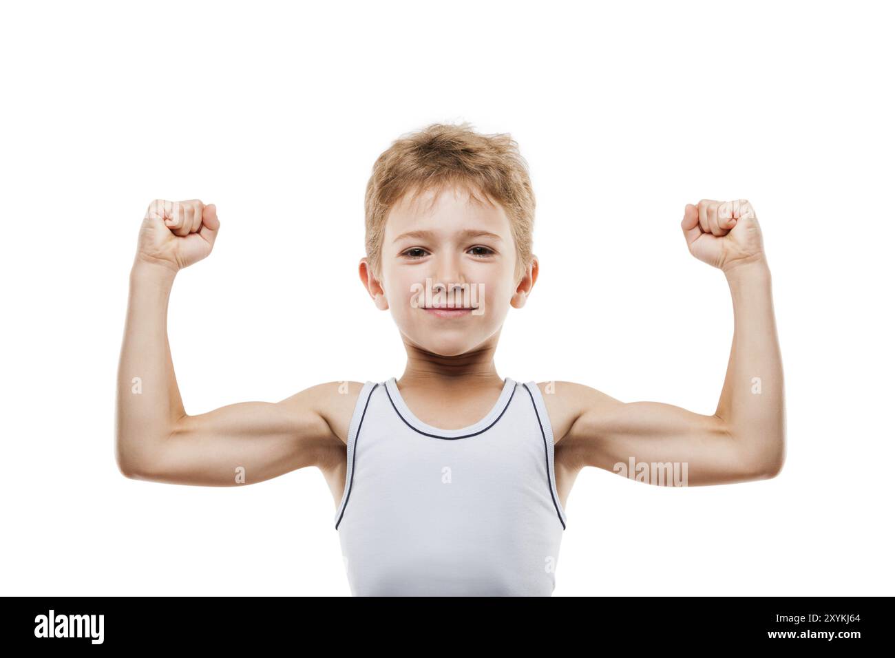 Beauty smiling sport child boy showing his hand biceps muscles strength ...