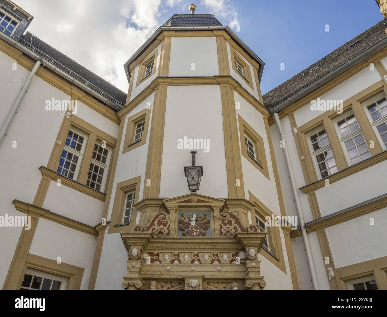Detailed Renaissance facade of a historic castle with windows and ...