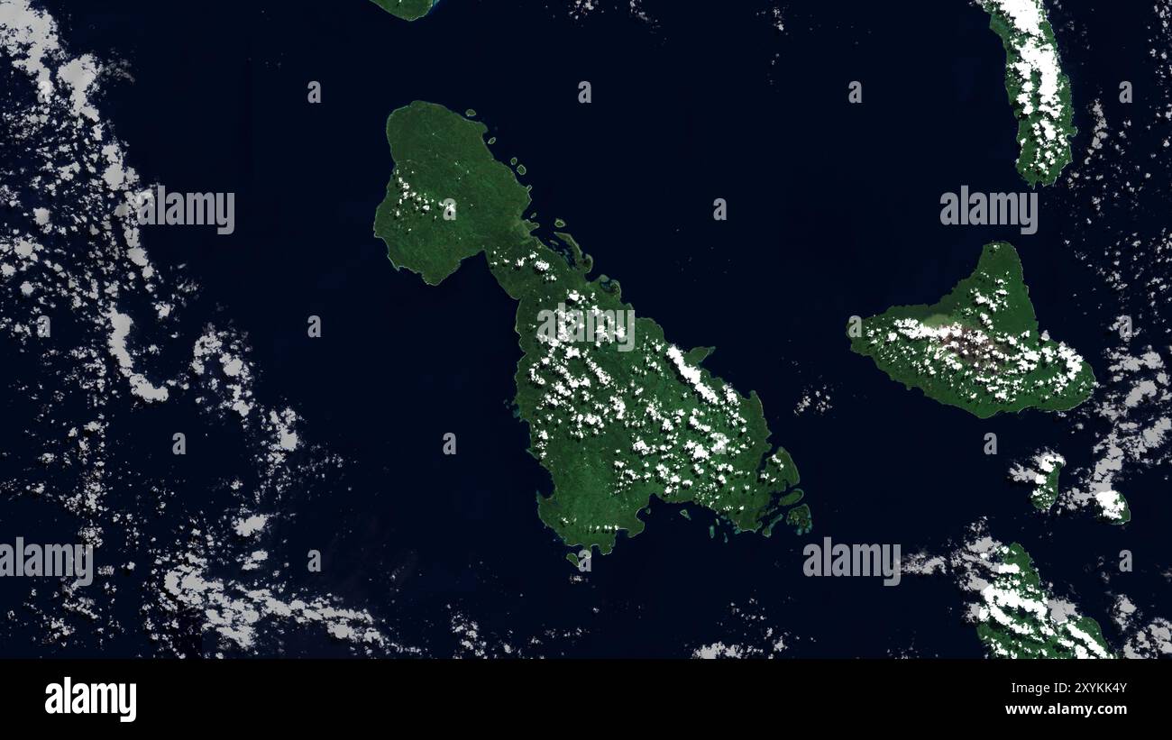 Malakula Island in the Coral Sea on a satellite image taken in May 24 ...