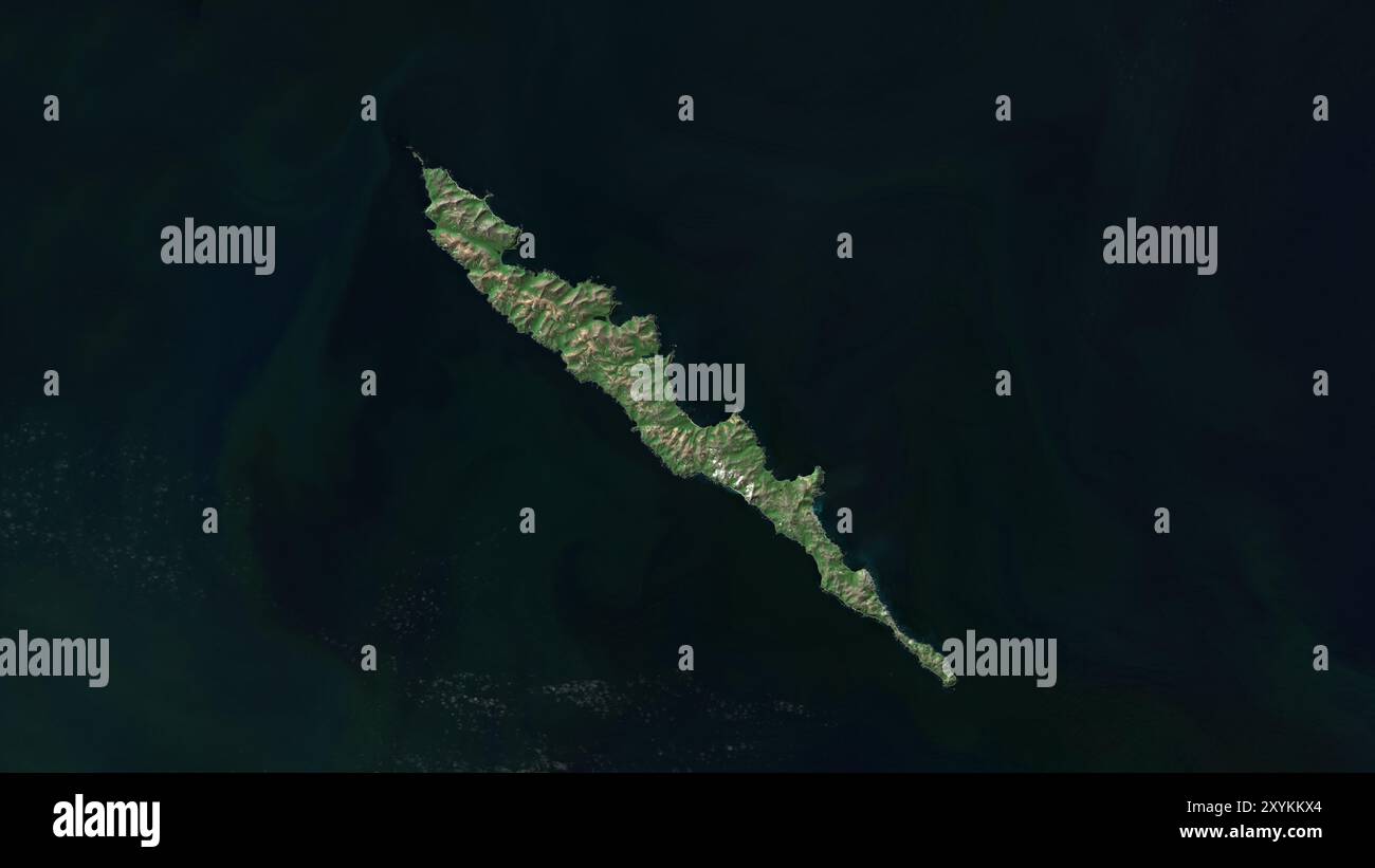 Medny Island in the Bering Sea on a satellite image taken in July 12 ...