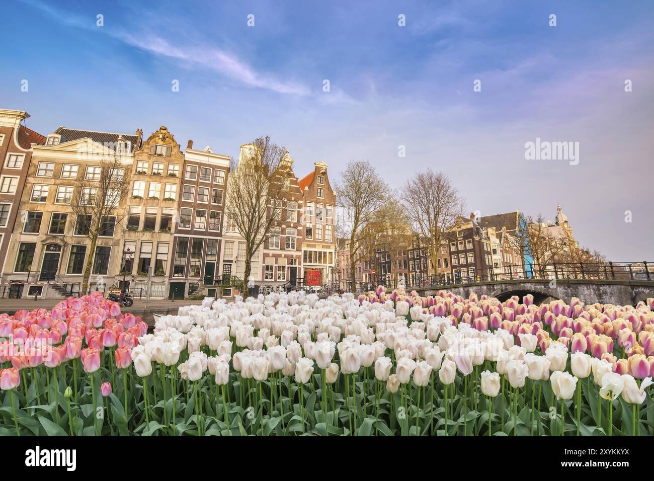 Amsterdam Netherlands, city skyline at canal waterfront and bridge with ...